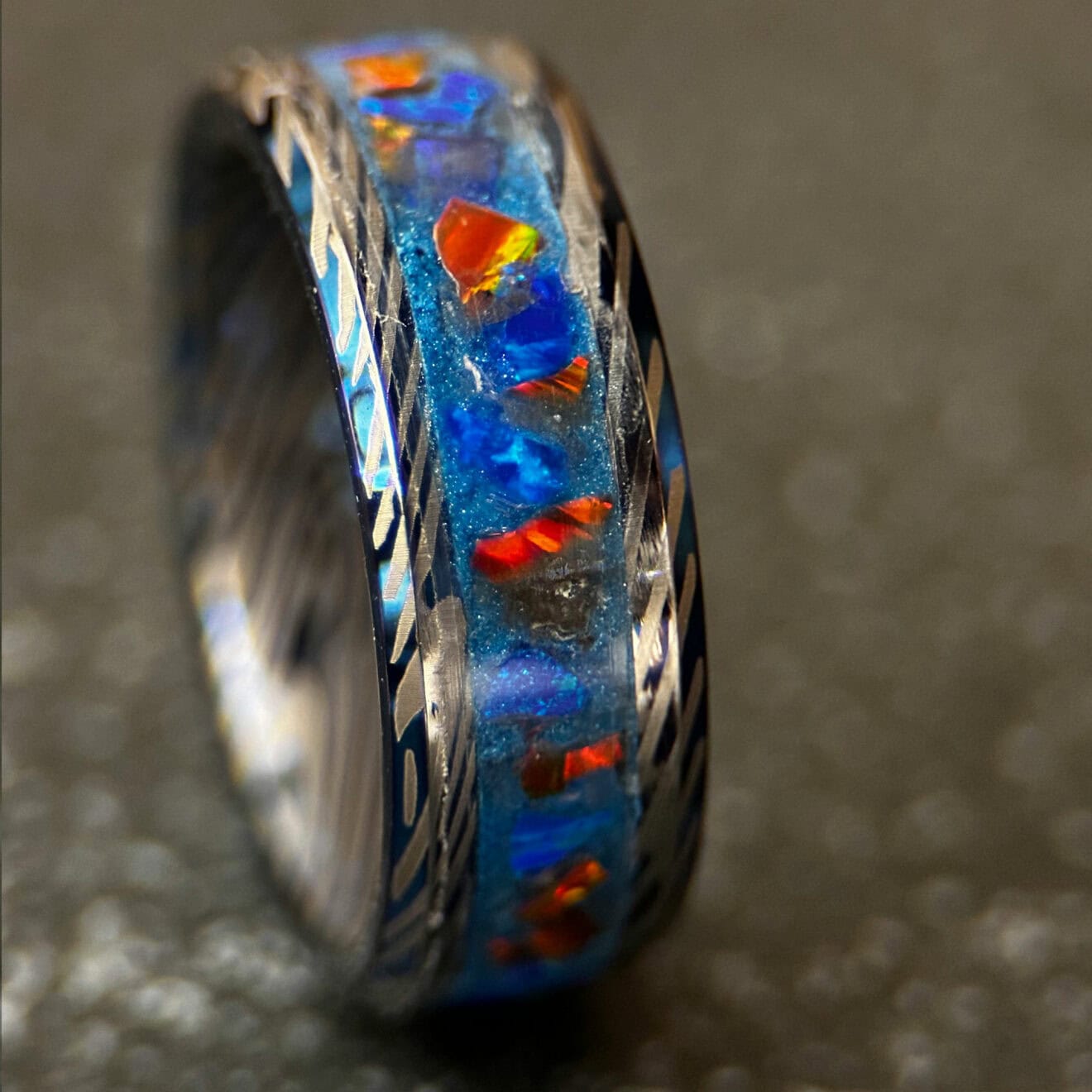 Golden Sky Fire (Damascus steel ring) - LMNA Wood Rings